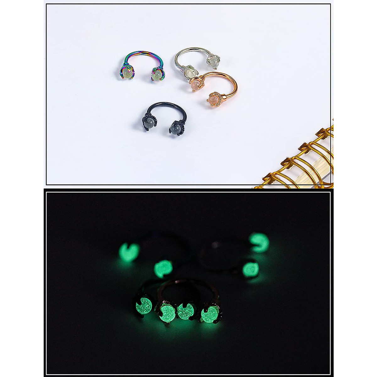 Ftovosyo 4Pcs Glow in the Dark Dragon Claws Circular Horseshoe Barbell Surgical Steel Nose Septum Rings Hoop Daith Earring Helix Vertical Lip Piercing Jewelry for Women Men