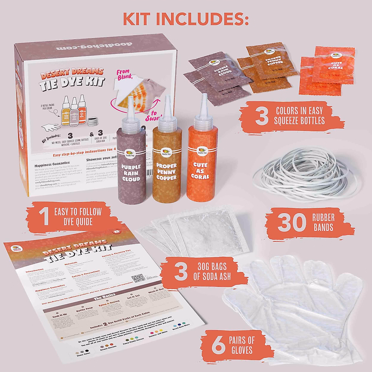 DOODLE HOG Coral, Orange, Purple Tie Dye Colors Tie Dye Kit – Custom Clothing Dye with 6 Refills for Summer Activities for Kids - Tie Dye Supplies with Aqua Tie Dye Techniques Guide DIY