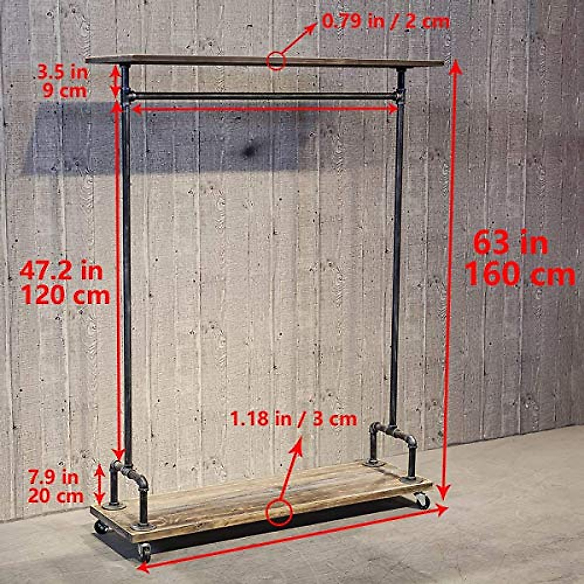 wuxiuqi Industrial Pipe Clothing Rack on Wheels,Rolling Iron Garment Racks with Shelves, Commercial Grade Clothing Racks Heavy Duty,Vintage Steampunk Clothes Rack Retail Display Wood