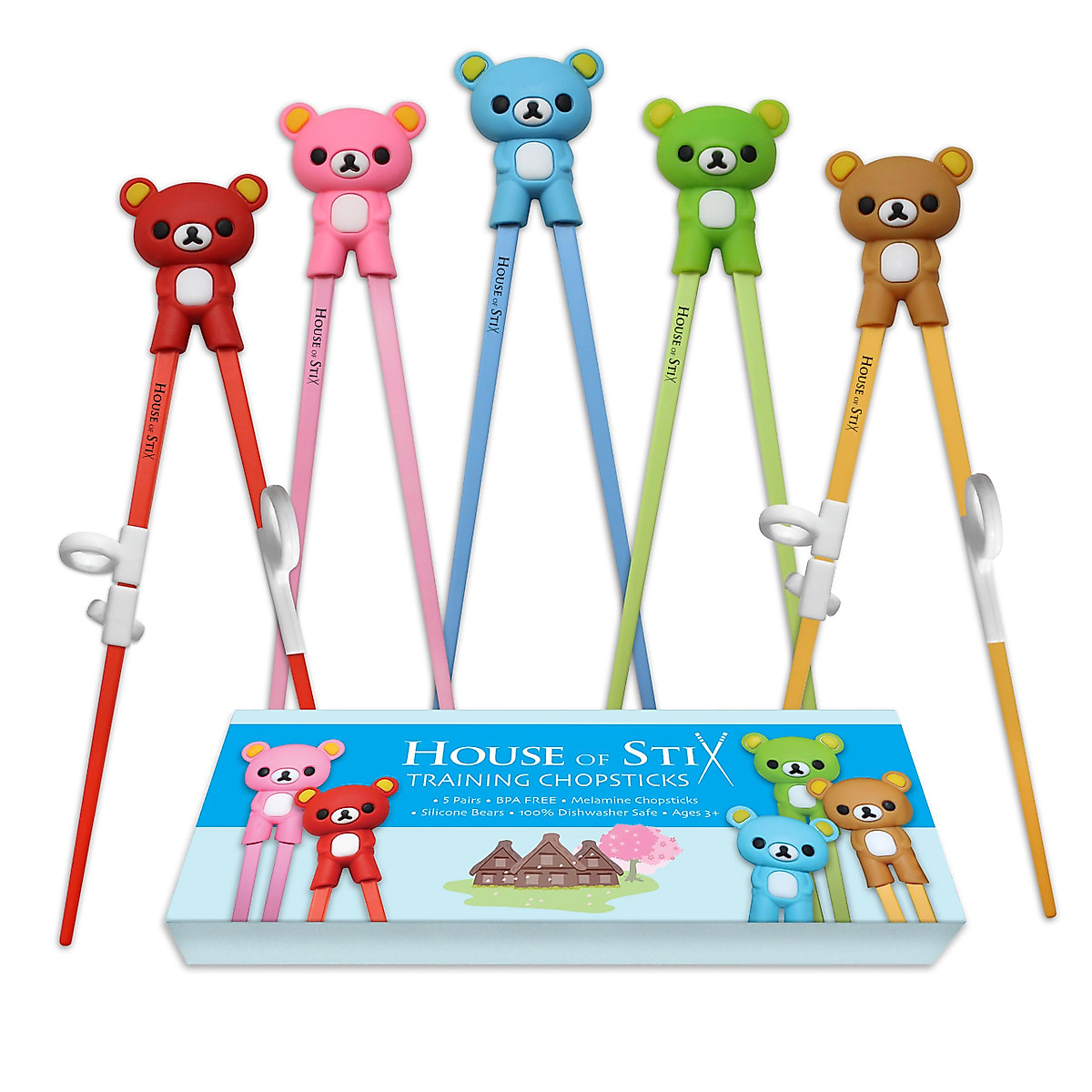 Kids chopsticks for kids children beginner adults toddler training chopsticks with reusable helper (Bears 5-Pack)