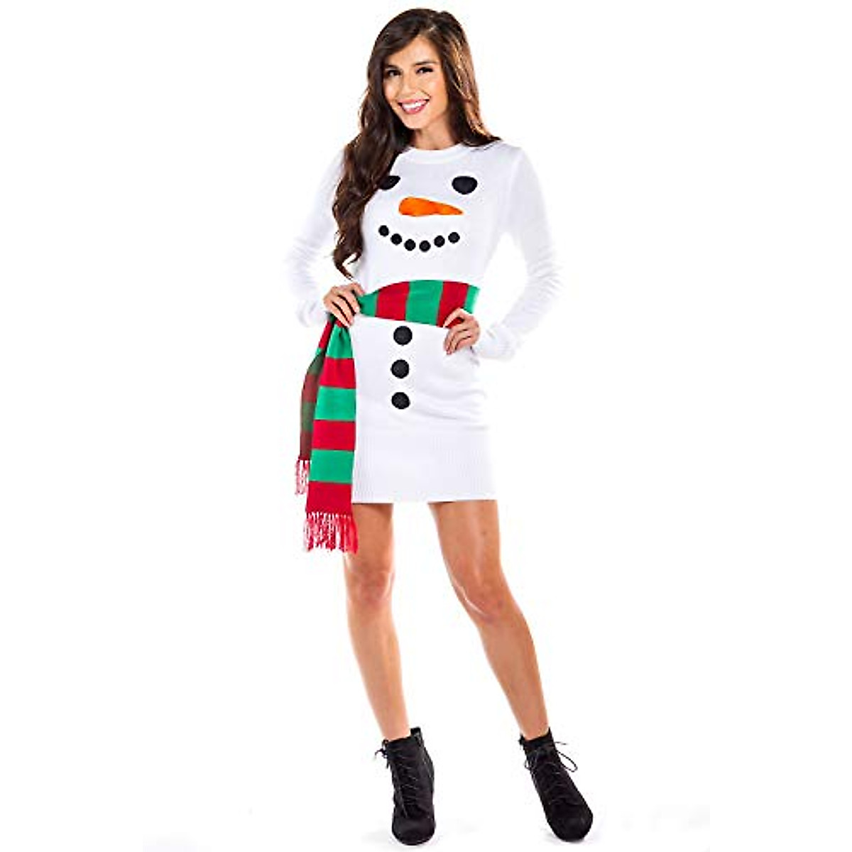 Women's Snowman Ugly Sweater Dress - White Snowman Christmas Dress with Scarf: Medium