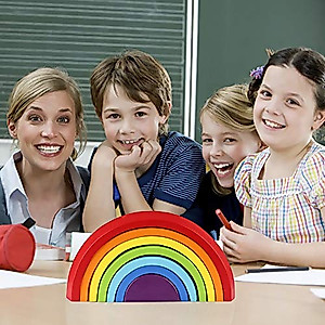 Coogam Wooden Rainbow Stacker Nesting Puzzle Blocks - Tunnel Stacking Game Building Creative Color Shape Matching Jigsaw Learning Toy Set Board Early Development Gift for Kids Boy Girl