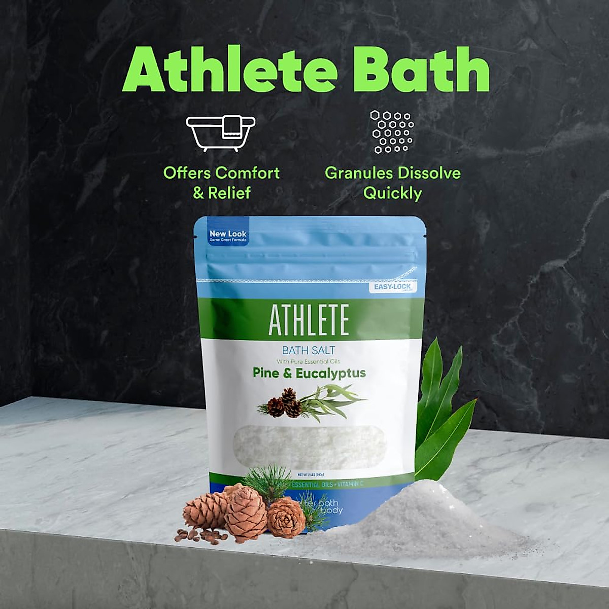 Athlete Bath Salt 32 Ounces Epsom Salt with Natural Lavender, Pine, Peppermint and Eucalyptus Essential Oils Plus Vitamin C in BPA Free Pouch with Easy Press-Lock Seal