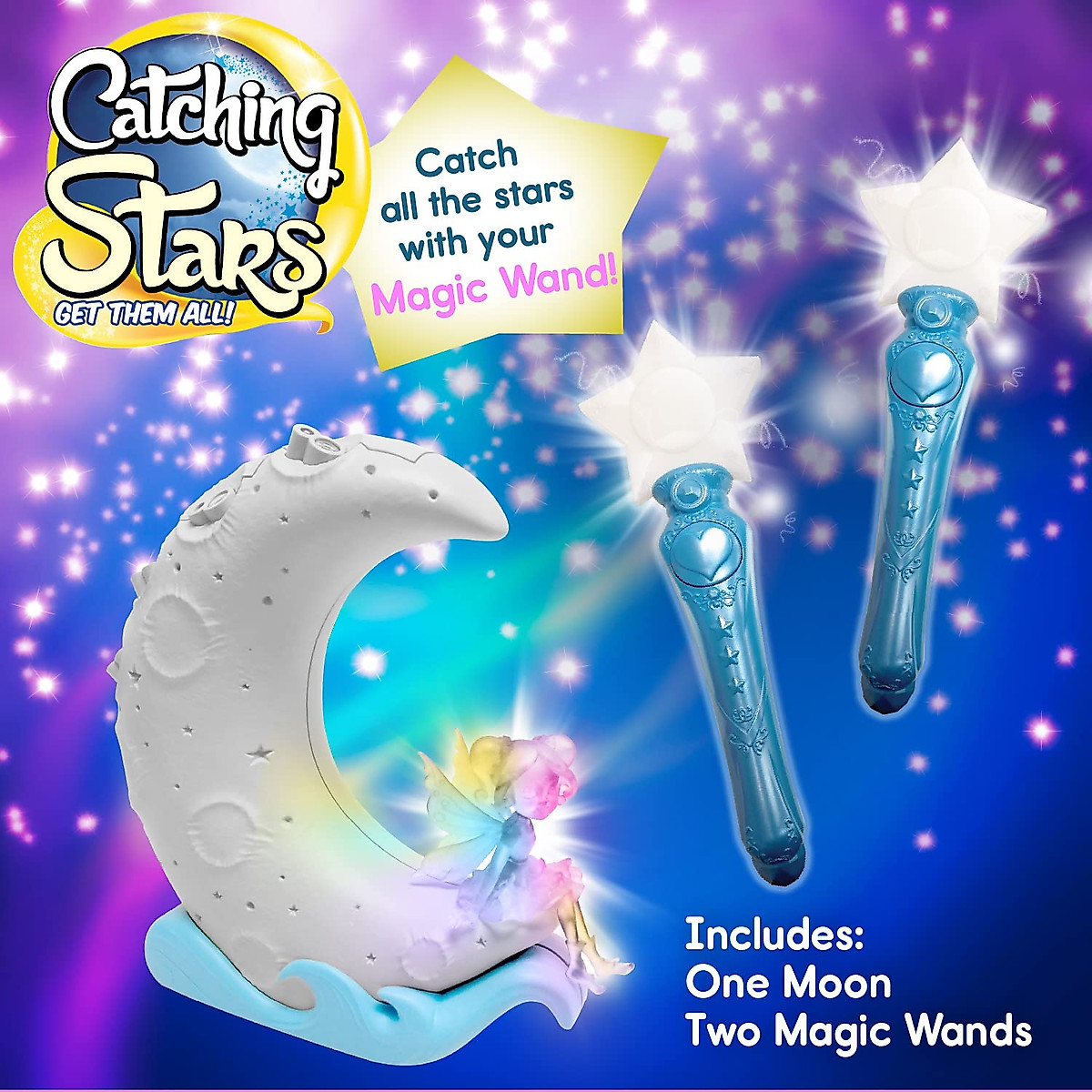 Fotorama Kids Catching Stars Deluxe Game with Two Magic Fairy Wands and Moonlight Star Projector, Perfect Slumber Party Game, Switch to Night Lamp Mode Before Falling Asleep, for Ages 5 and Up