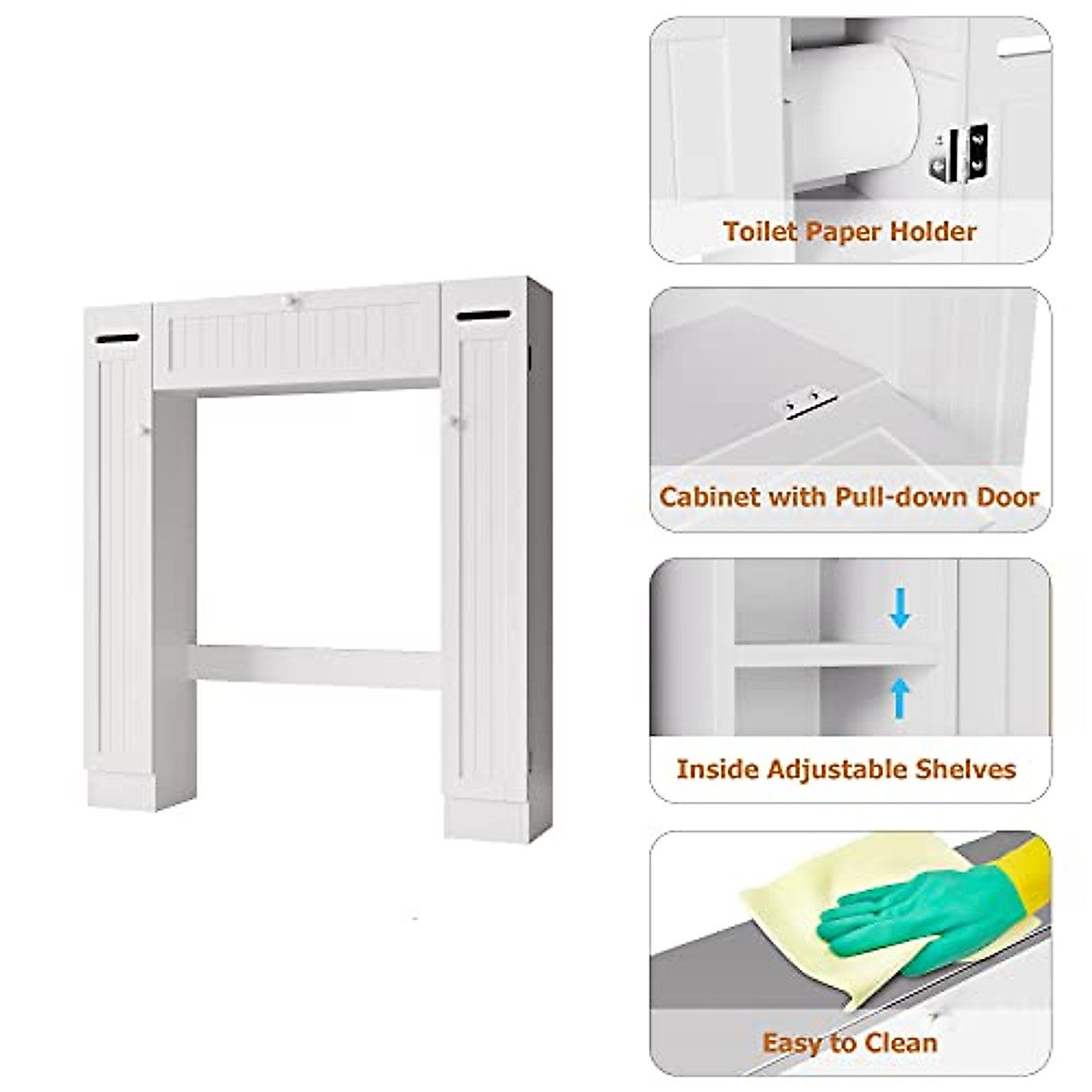 ITUSUT Over The Toilet Storage Cabinet, Freestanding Toilet Cabinet Organizer with 2 Side Doors and Pull-Down Door, Bathroom Cabinet Over Toilet with Adjustable Shelves & Paper Holder, White