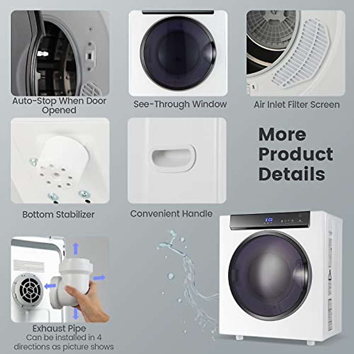 PETSITE Portable Clothes Dryer, Electric Compact Laundry Dryer w/ 3 Heating Levels, IHS & ECO Mode, Stainless-Steel Drum, Overheat Protection, 8.8 lbs Capacity, Ideal for Apartment, Home, Dorm, 1400W, White