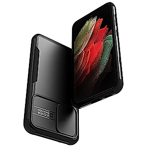 THMEIRA Samsung Galaxy S21 FE 5G Case with Camera Slide Cover Tempered Glass Screen Protector, Military Grade Armor Protective Case for Samsung S21 FE 6.4 inch, [Not fit S21] Black