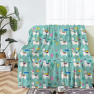 Llama Blanket, Llama Gifts for Women Girls, Soft Fleece Blanket for Baby Kid's Adults, Lightweight Warm Cozy Cute Alpaca Throw Blanket for Couch Bed Colorful Cactus Gifts - Teal Green 40"X50"