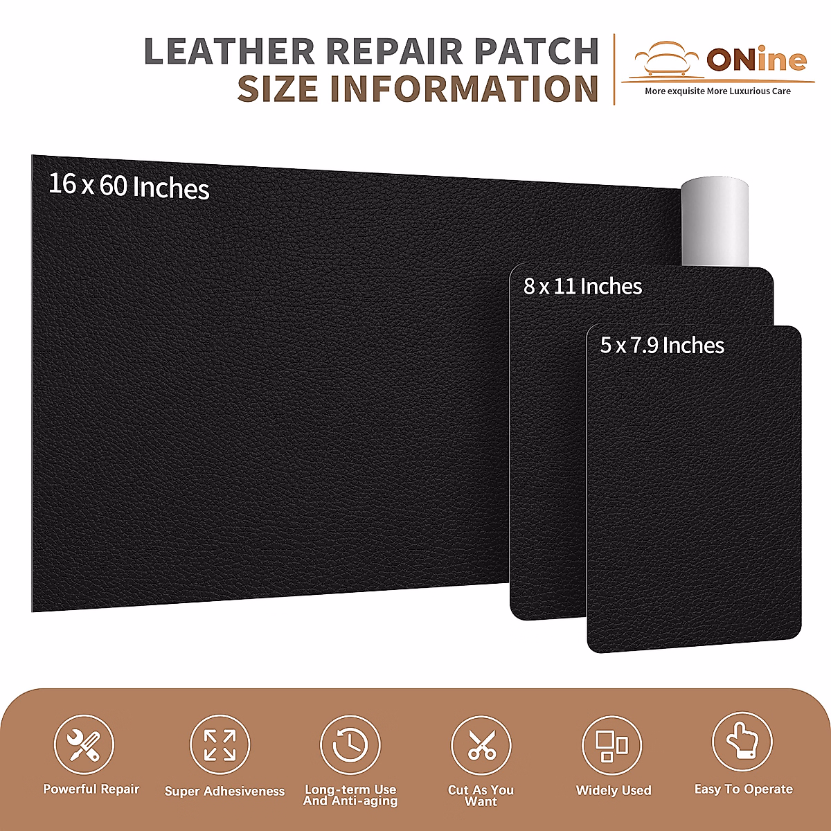ONine Leather Repair Patch，Self-Adhesive Couch Patch，Multicolor Available Scratch Leather 8X11 Inch Peel and Stick for Sofas, Car Seats Hand Bags Jackets (Black 2.0)