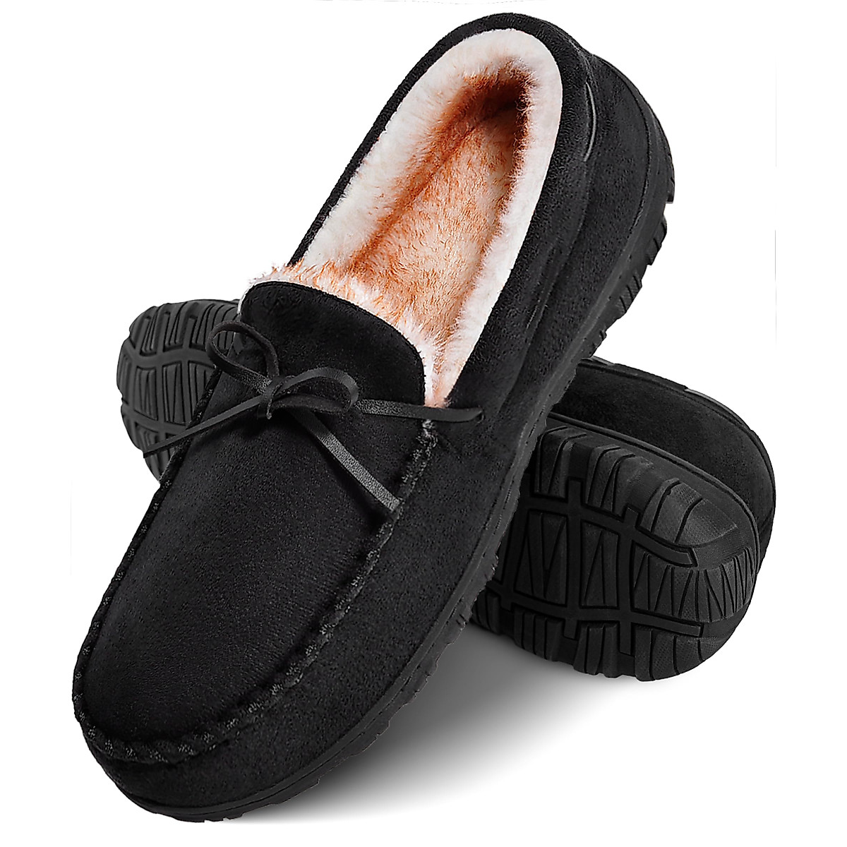 shoeslocker Men's Slippers Warm Soft Plush Memory Foam House Slippers for Men Comfortable Bedroom Moccasin Non-Slip Indoor Outdoor Black 11