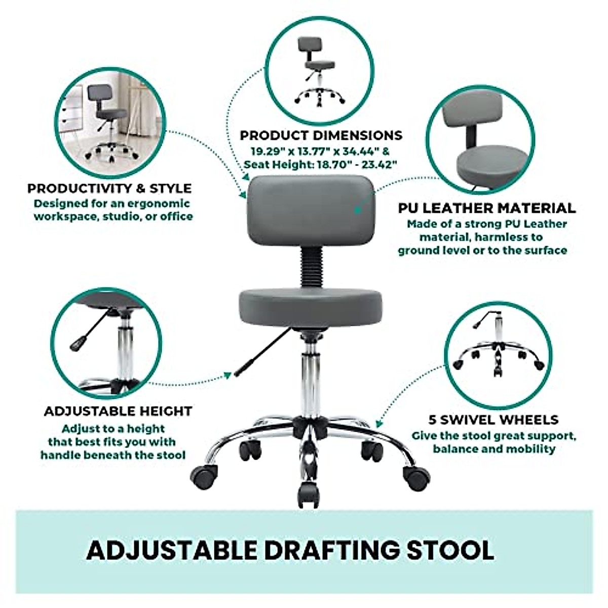Naomi Home Adjustable Rolling Stool with Wheels Professional Office Stool Height Adjustable with Ergonomic Tilting Backrest for Computer, Studio, Workshop, Office, Home Office Black