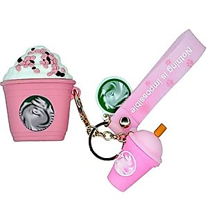 3D Cute Cartoon Funny Kawaii ,Shockproof Protective Soft Silicone Case Designed with Drink Cup Keychain for Apple AirPods 1 & 2 Charging Case (Pink Drink Cup)
