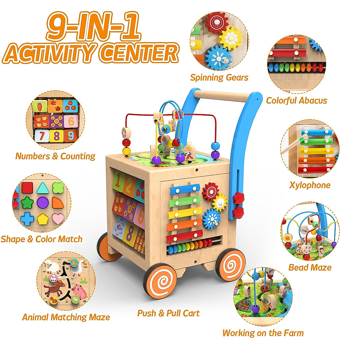 WOODMAM Wooden Baby Walker | 9-in-1 Wooden Activity Cube, Sit-to-Stand Learning Walker Activity Center, Early Educational Push & Pull Toys for Baby Toddler Boys Girls, Height & Brake Adjustable