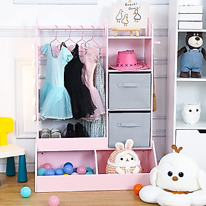 Pink Dress-Up Storage for Girls - Includes Light, Mirror, Clothing Rack with Bin, and Open Hanging Armoire Closet
