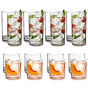 Acrylic Drinking Glasses [Set of 18] Glassware Set Includes 6-17oz Highball Glasses, 6-13oz Rocks Glasses, 6-7 oz Juice Glasses| Heavy Base Glass Cups for Water, Juice, Beer, Wine, and Cocktails…