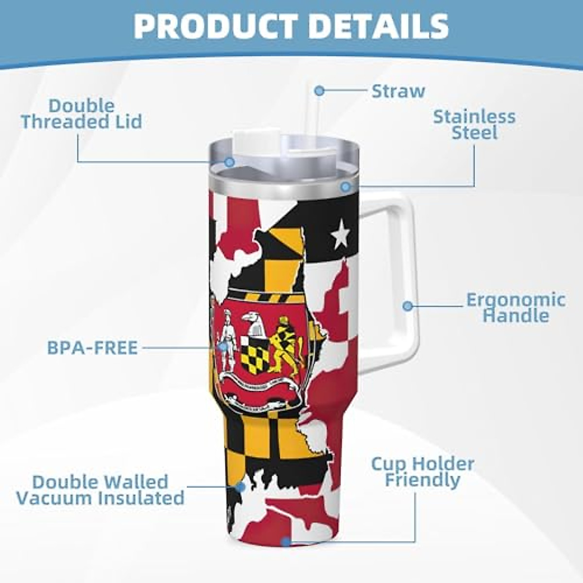 HULIBIN Abstract Maryland State Flag MAP02 Print Double Deck Stainless Steel Travel Coffee Cup With Lid 40 Oz Ice Bully Cup