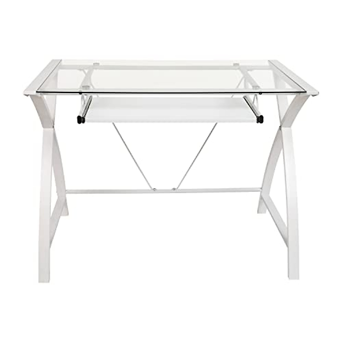 Flash Furniture Clear Tempered Glass Computer Desk with White Pull-Out Keyboard Tray and White Crisscross Frame