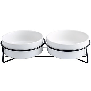 CuteNest Elevated Dog Bowl Iron Frame 6-inch Ceramic Dog or Cat Food and Water Bowls Dual Feeder for Adult Cat or Medium Dog, Non-Slip Base (Double Bowl with Stand - White, 6“)