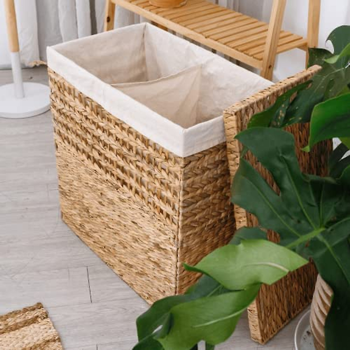 WERORA - Hampers for Laundry 136L, Wicker Water Hyacinth Double Laundry Baskets, Divided Laundry Hamper, Tall Collapsible Laundry Hamper with Lid, Boho Laundry Basket for Bathroom, Bedroom.