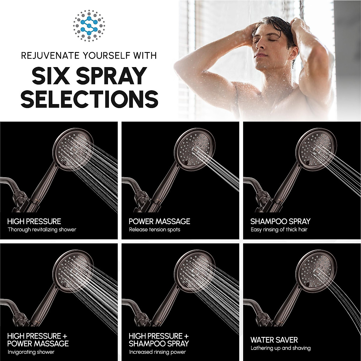 ShowerMaxx, Luxury Spa Series: Bronze Hand Held Shower Head, 5 inch 6 Spray Settings Handheld Showerhead with Extra-Long Stainless Steel Hose, Experience MAXX Comfort and Elegance (Oil Rubbed Bronze)