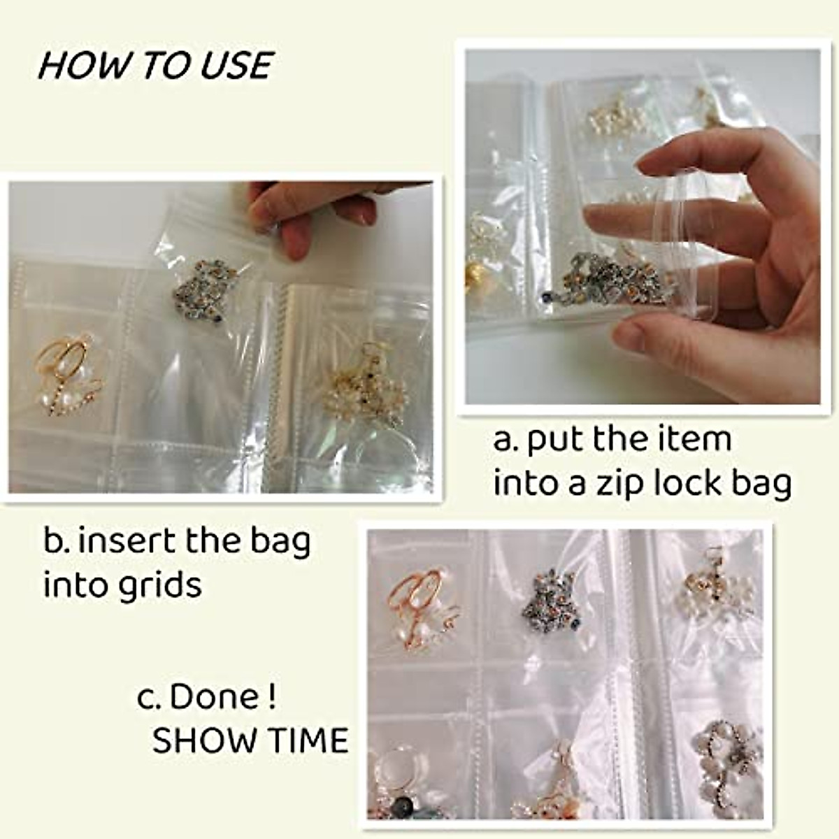 KIKILIE Travel Jewelry Organizer - Multifunctional Storage Book, Transparent Earring Necklace Bracelet Holder, 120 Grids with 80 Pack Two Sizes Plastic Bags