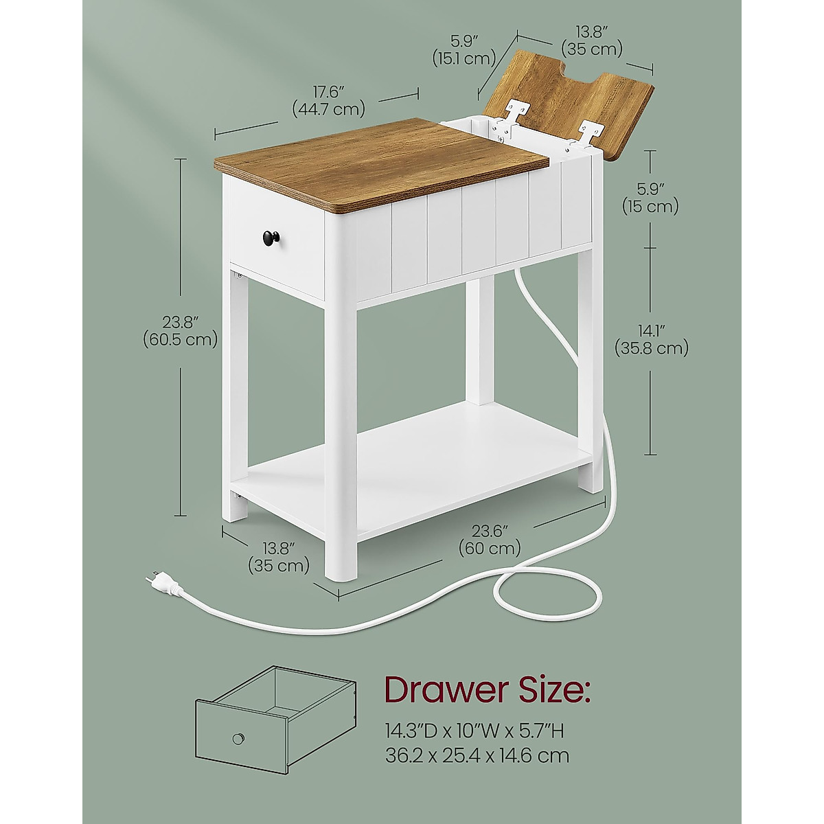 VASAGLE Side Table with Charging Station, End Table with USB Ports and Outlets, Nightstand with Storage, for Living Room, Bedroom, Modern Farmhouse Style, Rustic Walnut and White ULET318T14V1