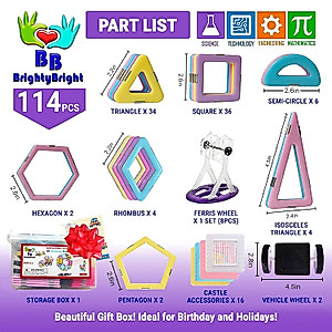 BrightyBright Magnetic Blocks Castle Building Toys Intelligent 3D STEM Educational Game for Kids Toddlers Boys Girls Magnet Tiles Set 114 Pc Best Gifts for Kids, Multicolor