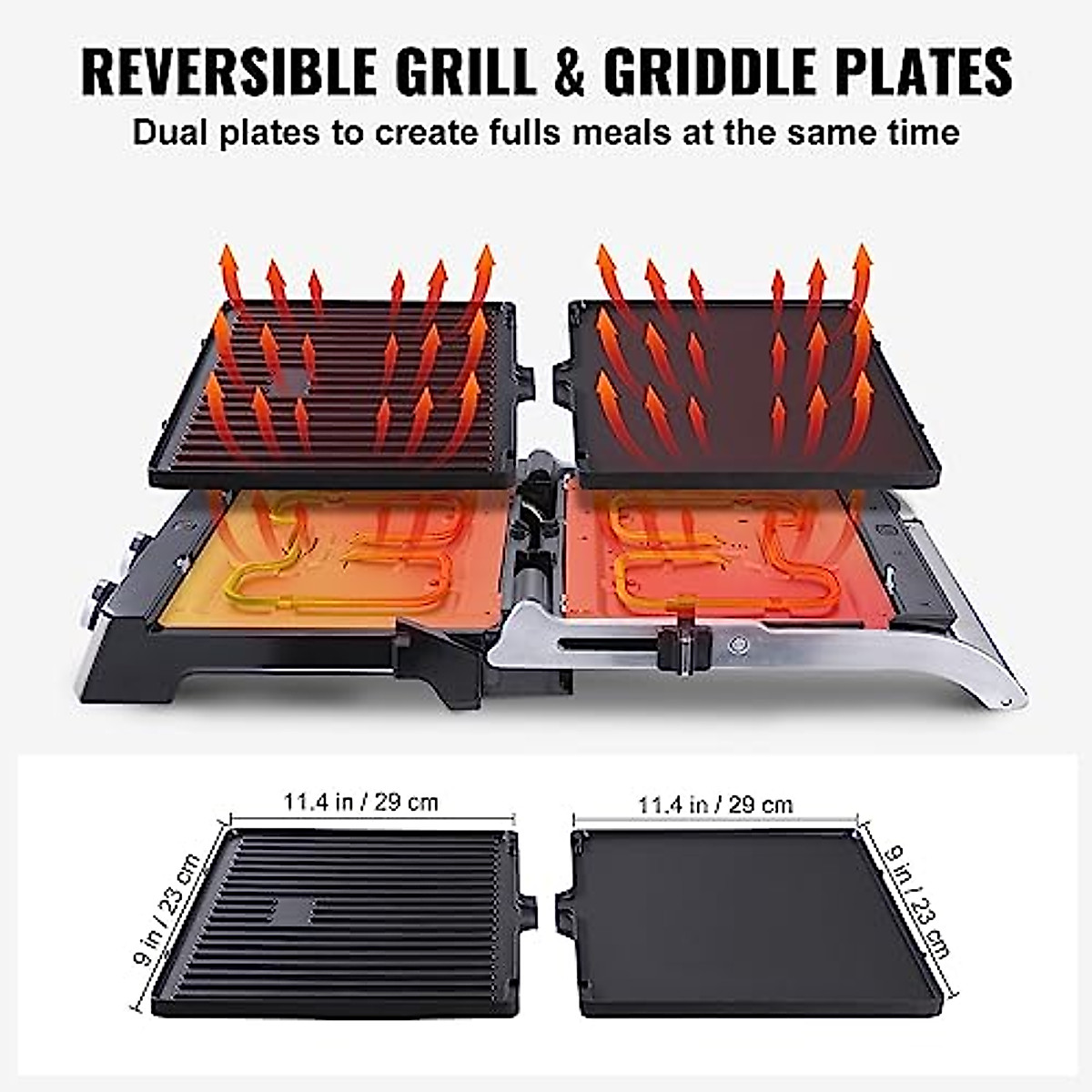 VEVOR Electric Contact Grills, 1500W Indoor Countertop Panini Press Griddle, Sandwich Maker with Non Stick,2 Reversible Iron Cooking Plates,0-446℉ Adjustable Temperature Control,Timer Function,120V