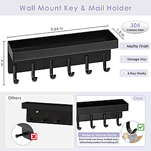 VIS'V Key Holder Wall Mount, Matte Black Stainless Steel Key Mail Holder Small Key Rack with Tray Adhesive Key Hanger Mail Storge Organizer with 6 Key Hooks for Entryway Hallway Doorway