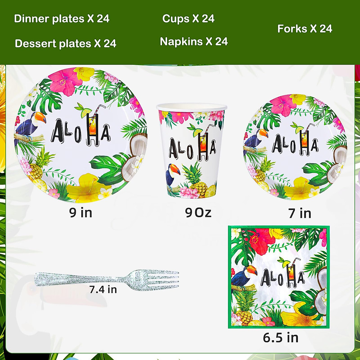 Atonofun Hawaiian Luau Party Supplies, Disposable Hawaiian Plates and Napkins Set, Aloha Party Plates and Cups, Napkins and Cutlery for Hawaiian Luau Birthday Party Decorations Serves 24