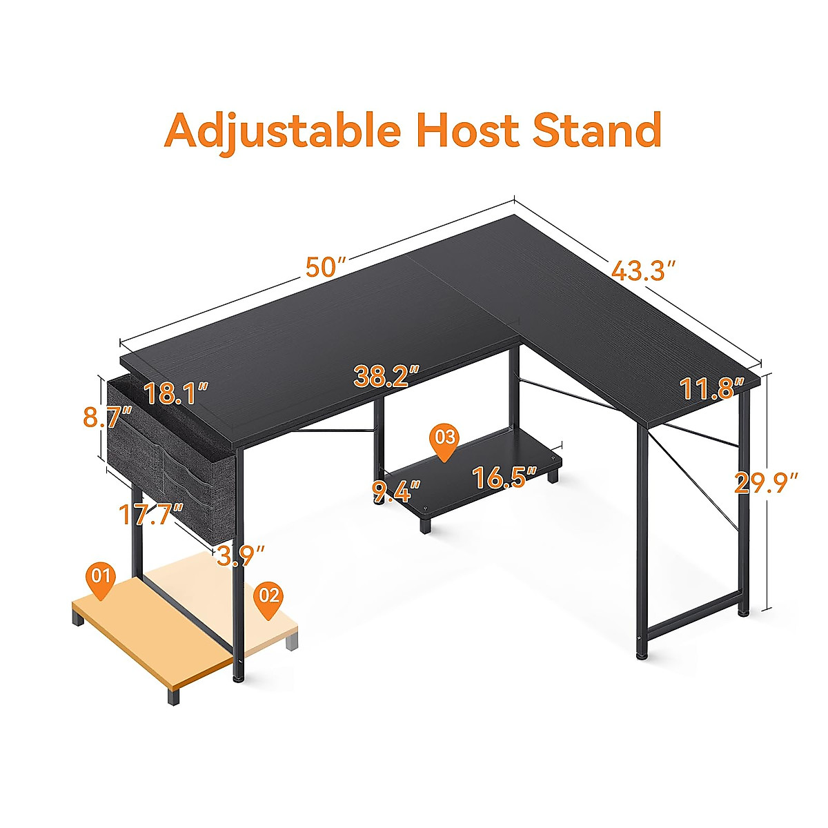 Casaottima 50 inch L Shaped Desk, Computer Desk with Removable PC Stand, Reversible Home Office Desk with Storage Bag for Gaming Writing, Corner Desk for Bedroom, Small Space, Black