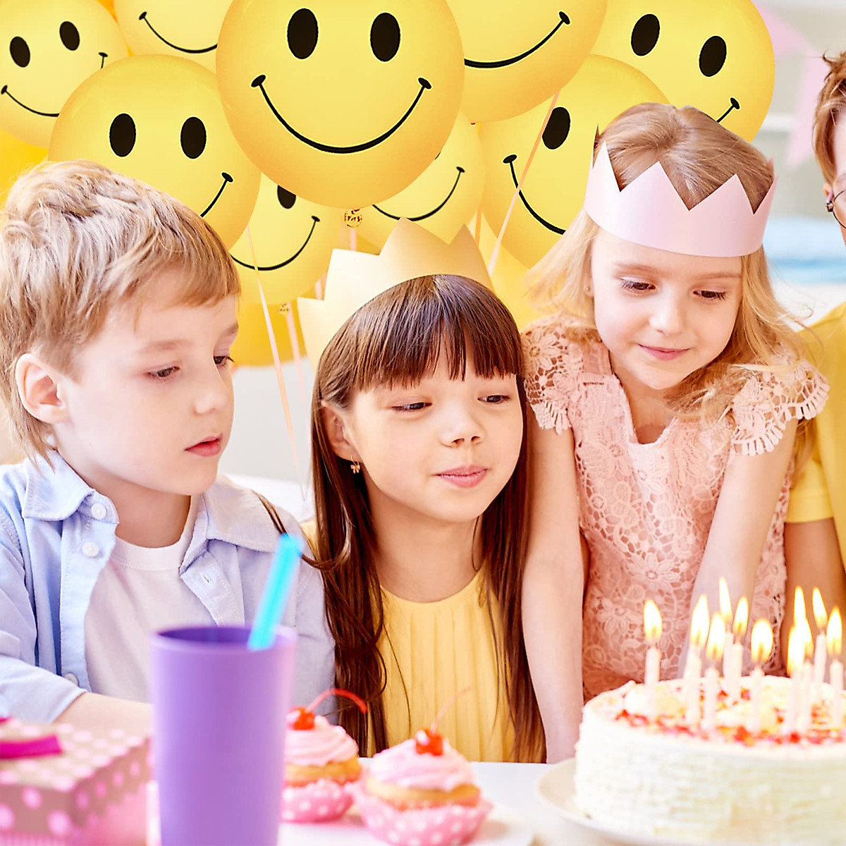 Smile Balloons 12 Inch Smile Face Balloons Birthday Party Balloons Bright Yellow Latex Balloons For Children's Birthday Party Cartoon Festive Decoration Supplies - 50 Pack