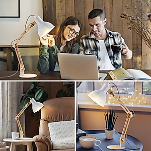 DINGLILIGHTING DLLT Swing Arm Desk Lamp, Wood Adjustable Gooseneck Table Lamp, Modern Architect Desk Light, Reading Light for Work, Study, Bedroom, Home Office, White Metal Shade, E26 Bulb Included