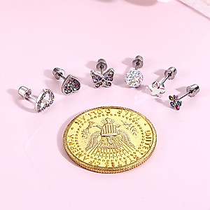 Finrezio 10 Pairs Hypoallergenic Screw Back Earrings for Women Girls Stainless Steel Colorful Heart Flower Butterfly Rainbow Stud Earrings Shiny CZ Screwback Stud Earring Set Age:over 3 years old