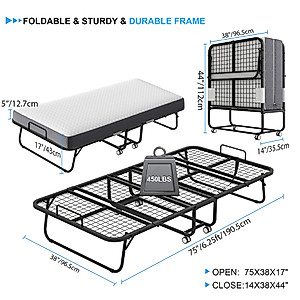 Folding Bed with Mattress 75" x 38" Twin Size Folded Bed, Rollaway Guest Bed Portable Foldable Extra Bed for Adults Fold up Bed with 5" Memory Foam Mattress Space-Saving Sturdy Metal Frame (Grid)