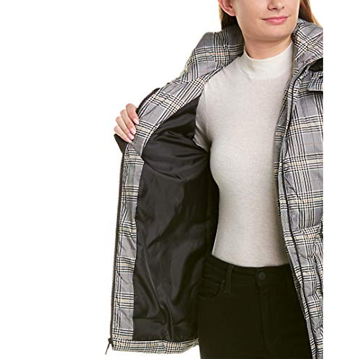 French Connection Women's Faux-Fur Trim Menswear Statement Puffer, Khaki Multi Plaid, X-Large