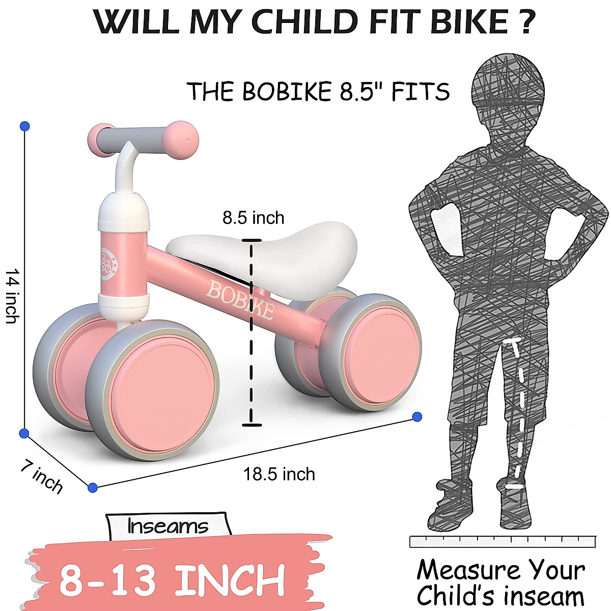 Bobike Baby Balance Bike Toys for 1 Year Old Gifts Boys Girls 10-24 Months Kids Toys Toddler Best First Birthday Gifts Children Walker Baby Walker No Pedal Infant 4 Wheels Bicycle (Pink)