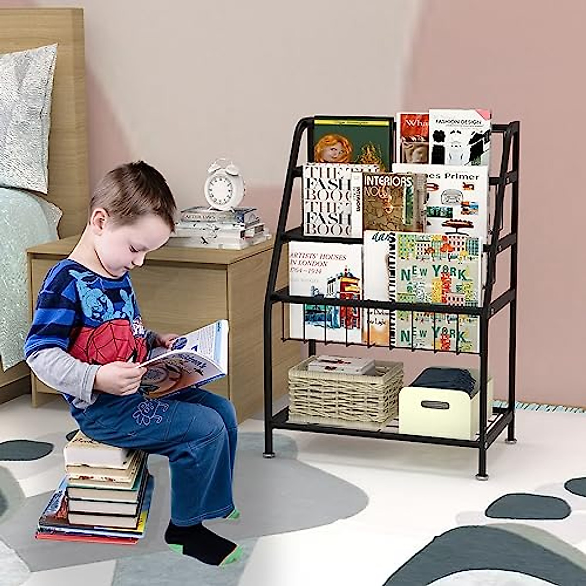 Azheruol Kids Bookshelf Freestanding for Children Room 25 Inches Black Metal Bookcase Large Capacity Books Toys Organizer Stable 5 Tiers Kids Book Rack for Playroom Bookstore Library.