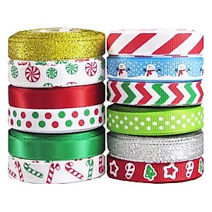 Holiday Christmas Grosgrain Ribbon Set for Gift Package Wrapping, Hair Bow Clip Accessory Making, Crafting, Decoration (60yd(12x5yd) 3/8" Grosgrain Ribbon-Xmas)