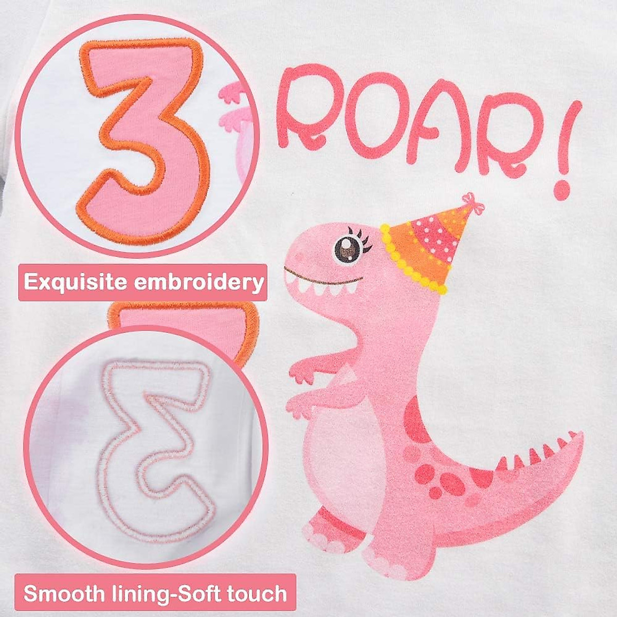 AMZTM 3rd Birthday Girl T-Shirt Dinosaur Party B-Day Themed Tee Gift for Toddler (US, Age, 3 Years, White)