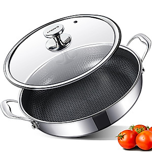 Cyrder 316L Stainless Steel Frying Pan-12inch Hybrid Nonstick Wok with Lid, Two Handle Hold, PFOA Free, Dishwasher Oven Safe, Paella Pan for Stir fry/Toast/Roast/Bake/Stew, 6 Quart