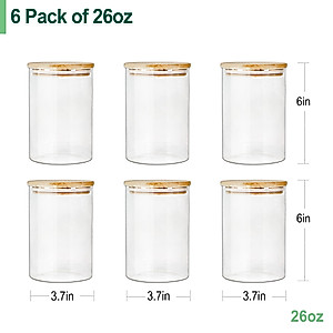 Glass Jar with Bamboo Lid, Glass Food Storage Jar with Airtight Lid, 6 pack of 26oz, Glass Food Storage Container with Bamboo Lid, Glass Pantry Jars, Glass Canisters with Lids for Kitchen Storage and Organization