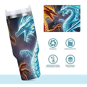 ODAWA Double Insulated Tumbler Large with Handle and Straw Lid, Fiery Dragon Icy Dragon Fall Insulated Tumbler