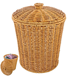 PRETYZOOM Small Wicker Waster Basket, Imitation Rattan Basket with Lid Bohemia Wicker Storage Basket Space Saving Small Trash Can for Bathroom Office (23x23x28cm)