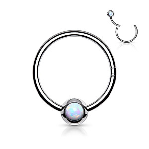Pierced Owl 18GA Stainless Steel Synthetic Opal Ball Cartilage Helix Daith Septum Hinged Segment Ring (Silver Tone/White, 10mm Diameter)