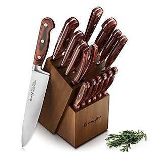 Knife Set, 15-pcs Emojoy Kitchen Knife Set with Block, Premium Kitchen Knives with Heavy Poultry Shears, Sharpener and 6pcs Serrated Steak Knives