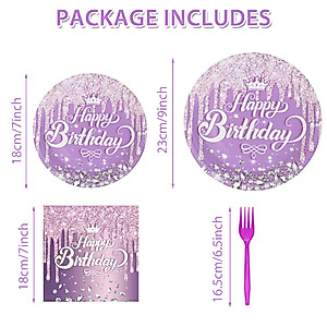 Juhap 80 Pieces Purple Birthday Tableware Set for Happy Birthday Table Decorations Purple Theme Birthday Dessert Plates Napkins Forks for 20 Guests Girls Women Silver Glitter Birthday Party Supplies
