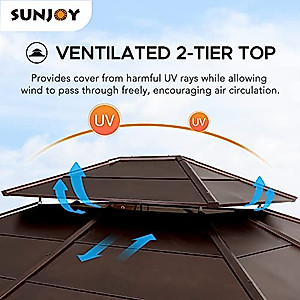 Sunjoy Hardtop Gazebo 13' X 15' Cedar Framed Wood Gazebo with Brown Double Steel Hardtop Roof Permanent Canopy for Garden, Backyard Shade