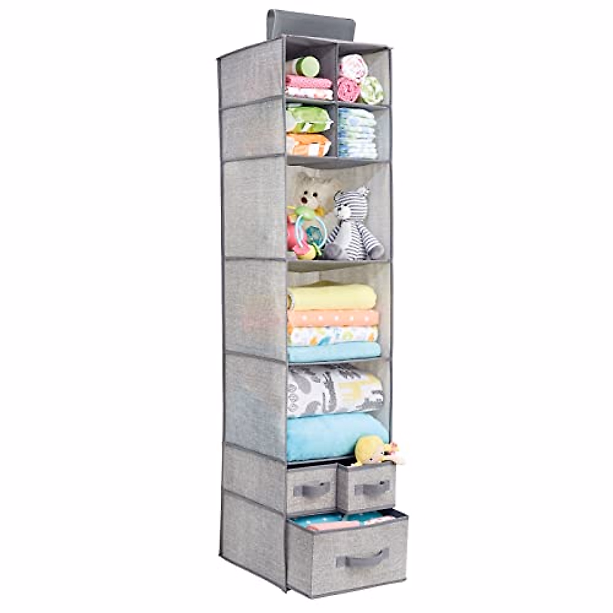 mDesign Fabric Over Closet Rod Hanging Storage Organizer with 7 Open Cube Shelves and 3 Removable Drawers for Bedroom, Nursery, Closet - Holds Clothes, Shoes, Diapers - Gray