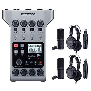 Zoom PodTrak P4 Portable Multitrack Podcast Recorder Bundle with 2X Zoom ZDM-1 Podcast Pack